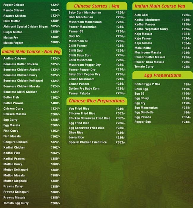 Menu of Abhiruchi Hotel, BTM, Bangalore