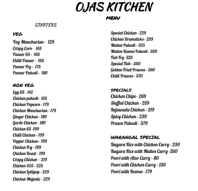 Menu of Ojas Kitchen, Madhapur, Hyderabad