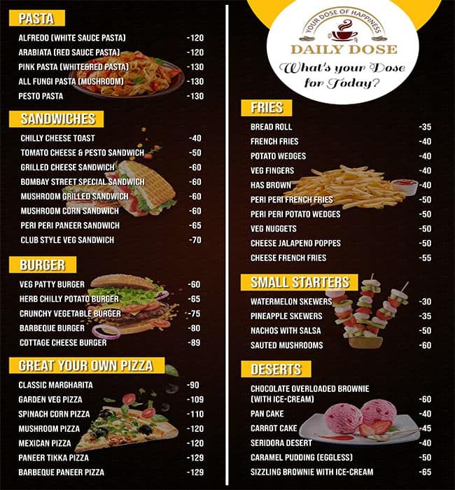 Menu of Daily Dose, Mysore Road, Bangalore