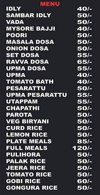 Menu of Gayatri Tiffins, Ameerpet, Hyderabad