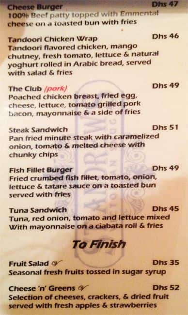 Menu at St Andrews pub & bar, Dubai