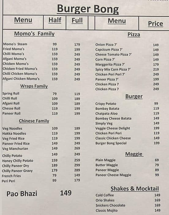 Menu of Burger Bong, Gomti Nagar, Lucknow