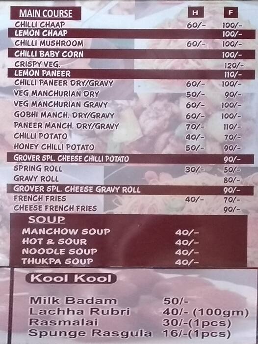 Menu of Grover Sweets & Bakers, Uttam Nagar, New Delhi
