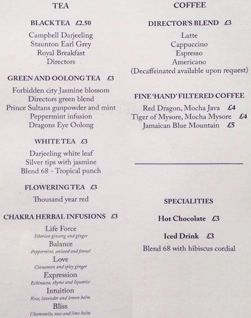 Menu at East India Club, London, 16 St James's Square