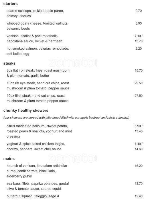 Menu at The Apartment restaurant, Edinburgh