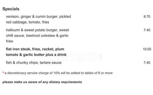 Menu at The Apartment restaurant, Edinburgh