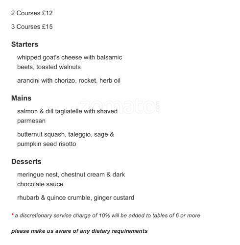 Menu at The Apartment restaurant, Edinburgh