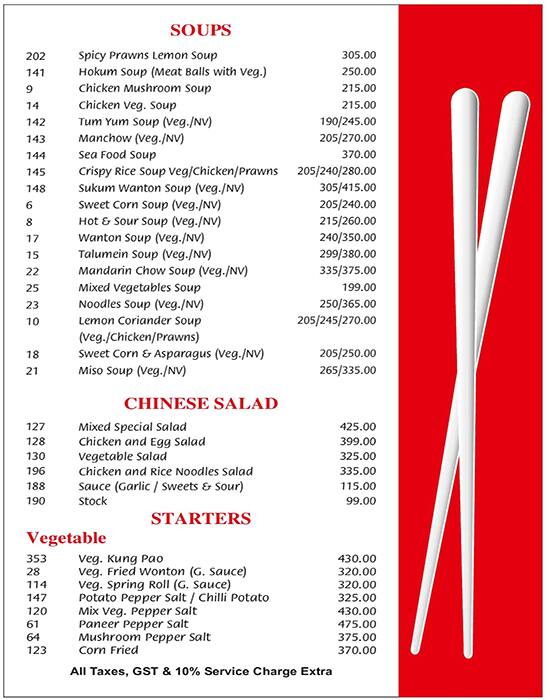 Menu of Fujiya, Chanakyapuri, New Delhi