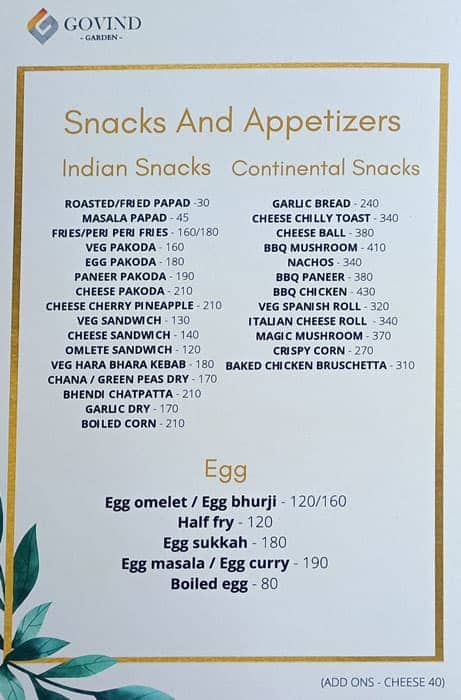 Menu of Govind Garden, Pimple Saudagar, Pune