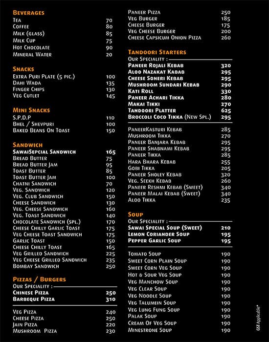 Menu of Sawai Veg, Sinhgad Road, Pune