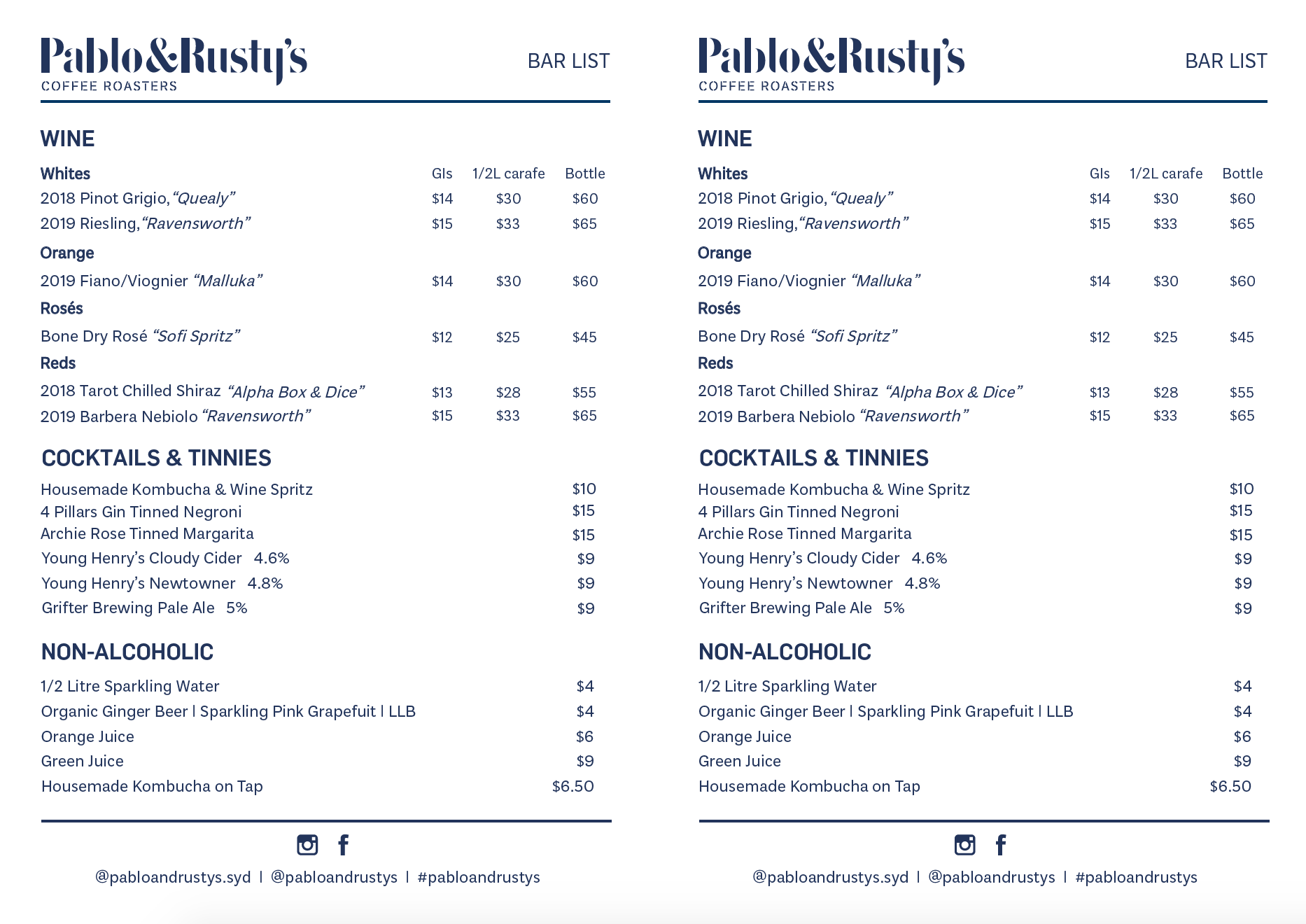 Menu at Pablo & Rusty's Sydney CBD cafe, Sydney