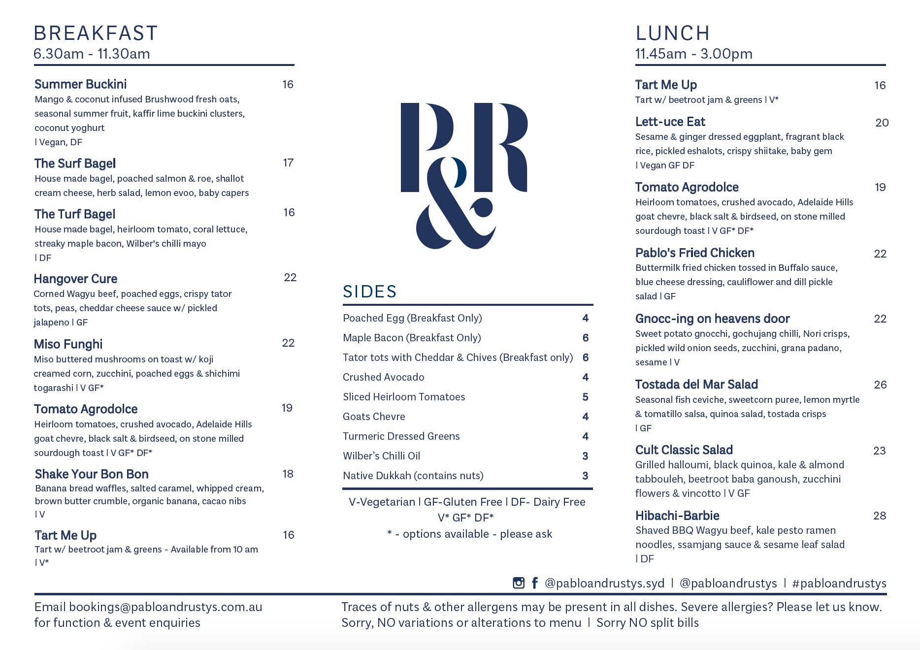 Menu at Pablo & Rusty's Sydney CBD cafe, Sydney