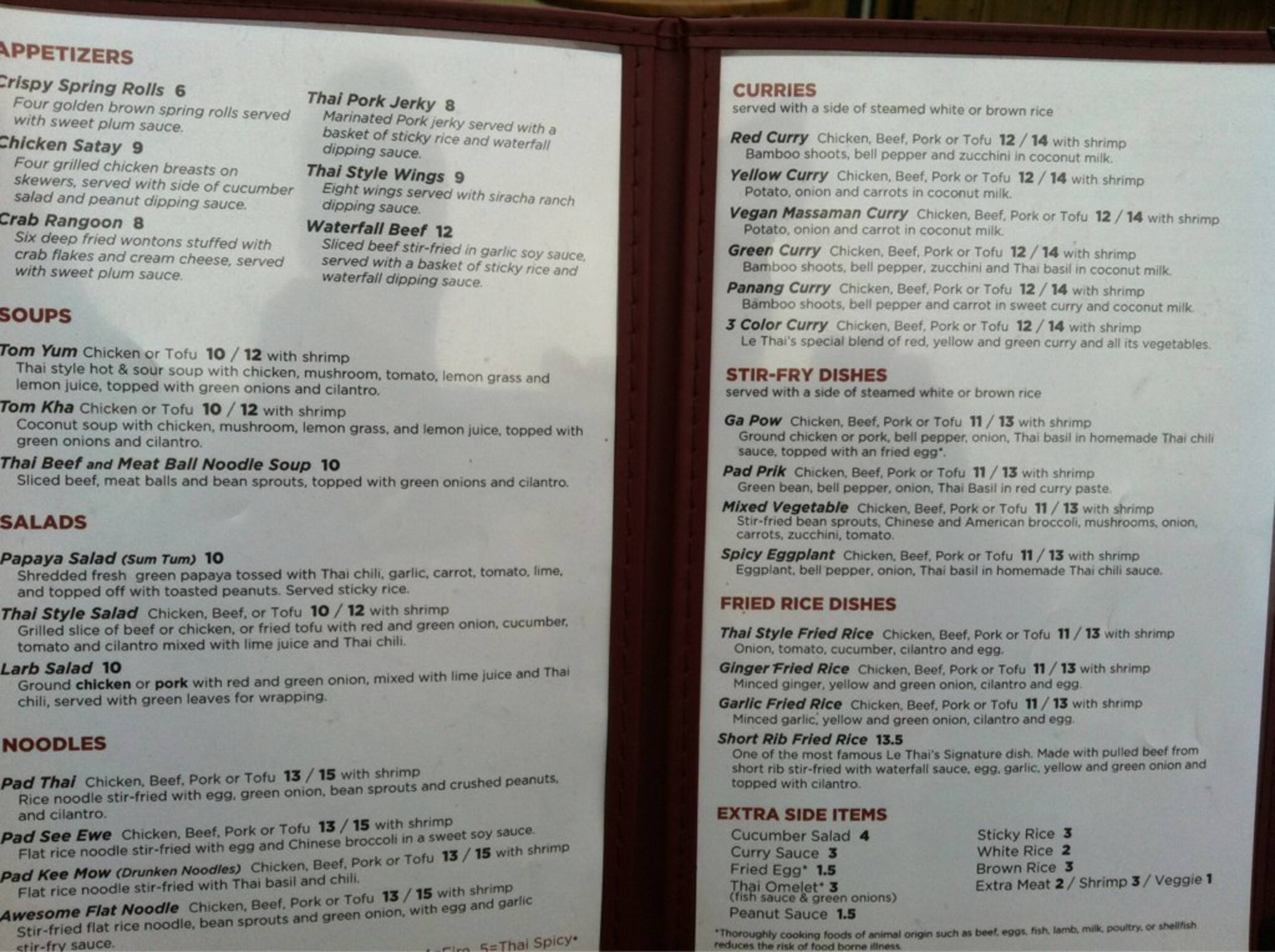 Menu at Le Thai restaurant, Las Vegas, 523 Fremont St