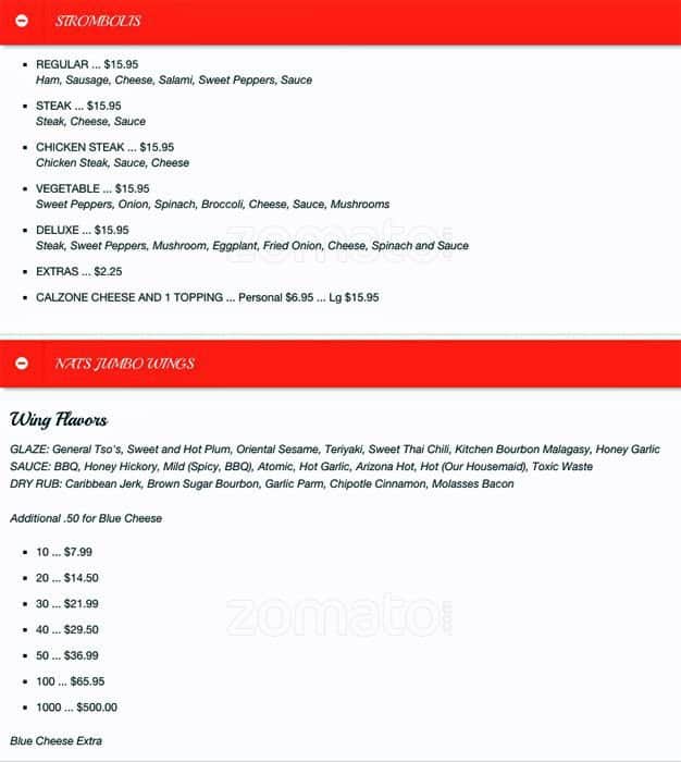 Menu at Nat's Pizza pizzeria, Doylestown