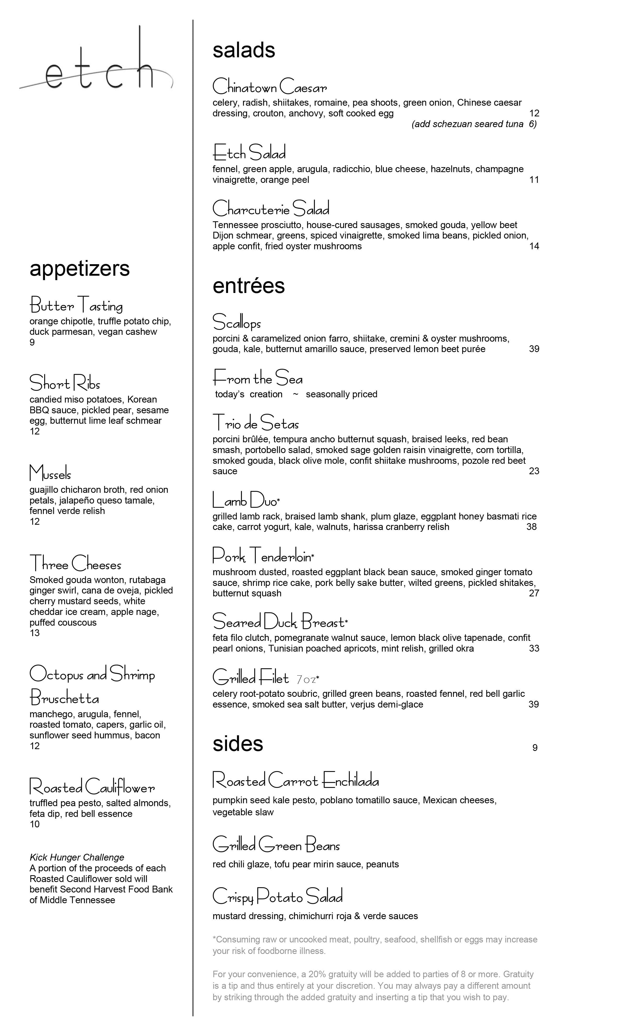 Menu at Etch restaurant, Nashville