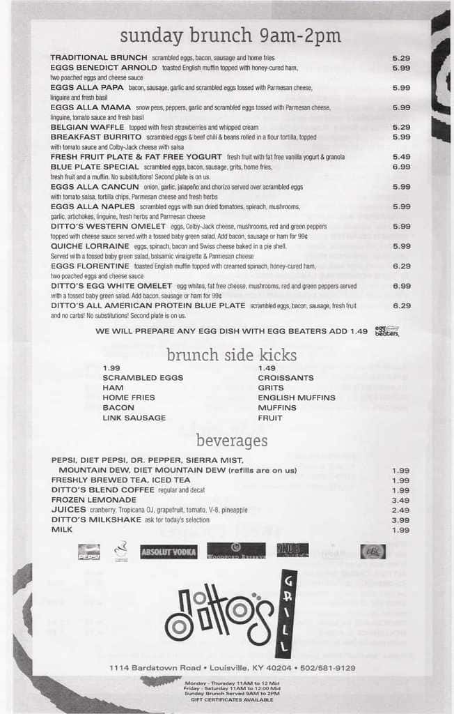 Menu at Ditto's Grill pub & bar, Louisville