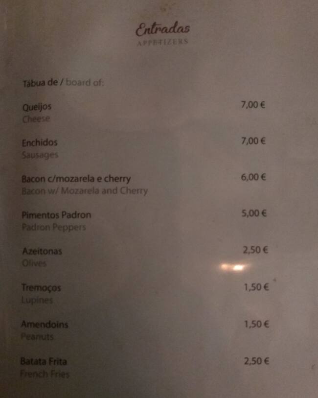 Menu em Pop 101 Bar, Porto
