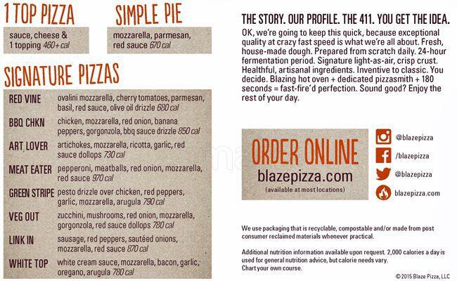 Menu at Blaze Pizza pizzeria, Calgary, 32nd St. Ne