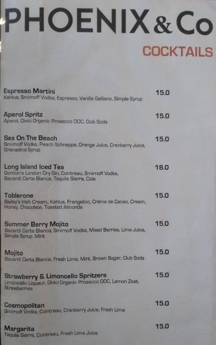 Menu at Phoenix & Co restaurant, Plenty