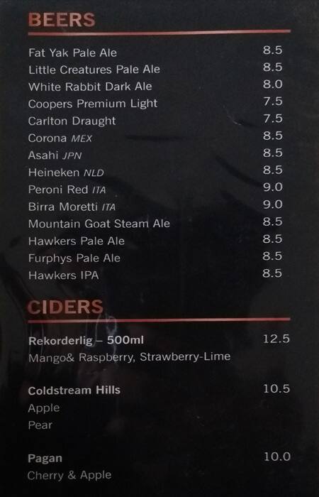 Menu at Phoenix & Co restaurant, Plenty