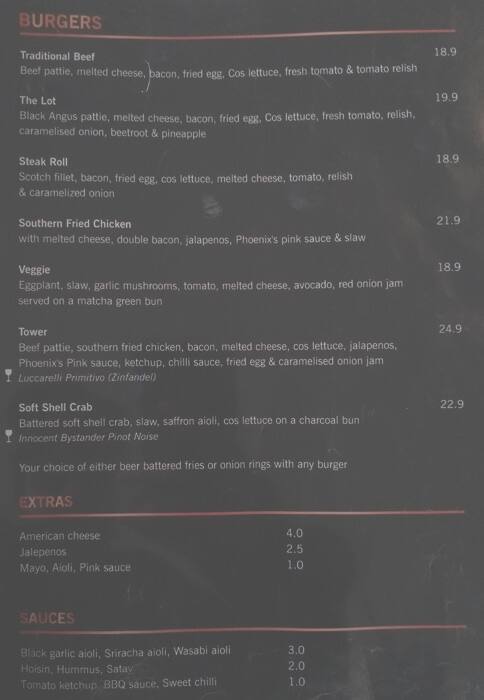 Menu at Phoenix & Co restaurant, Plenty