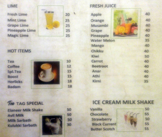 Menu of Tea Tag, Arumbakkam, Chennai