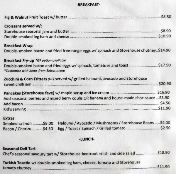 Menu at The Old Storehouse cafe, Dayboro, 30 Williams St