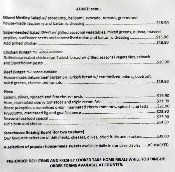 Menu at The Old Storehouse cafe, Dayboro, 30 Williams St