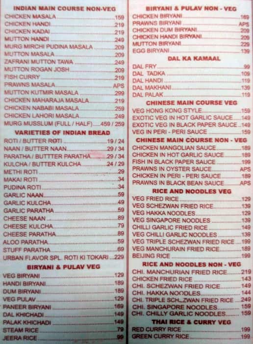 Menu at Golden Rock, Vasai