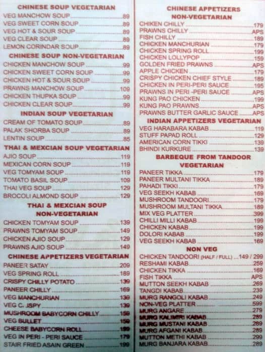 Menu at Golden Rock, Vasai