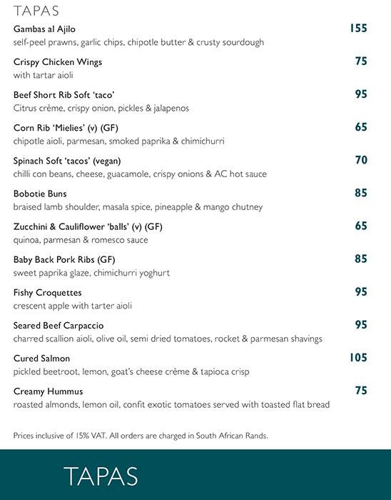 Menu at AC Lounge & Bar Cape Town, Cape Town