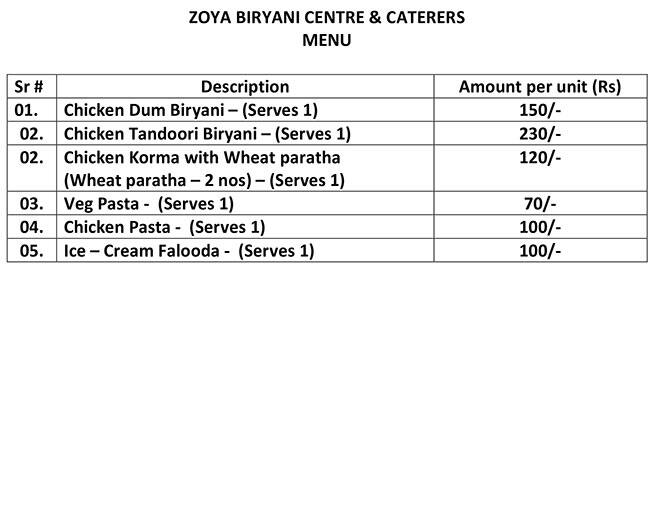 Menu of Zoya Biryani Centre, Kandivali West, Mumbai