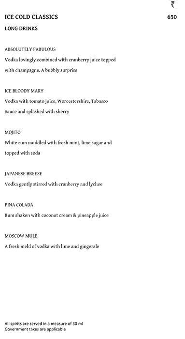 Menu at Ice, Bengaluru, 41/3 M G Road