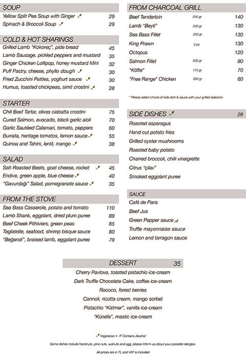 Menu at Lokanta by Divan İstanbul, Istanbul