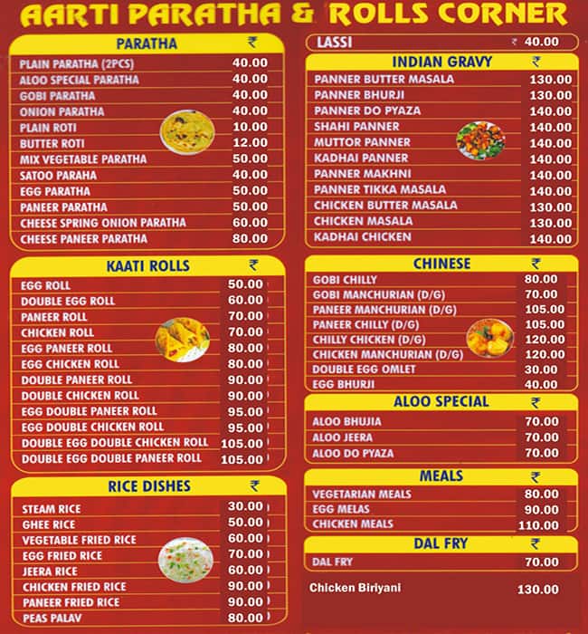 Menu at Aarti Paratha & Rolls Corner, Bengaluru