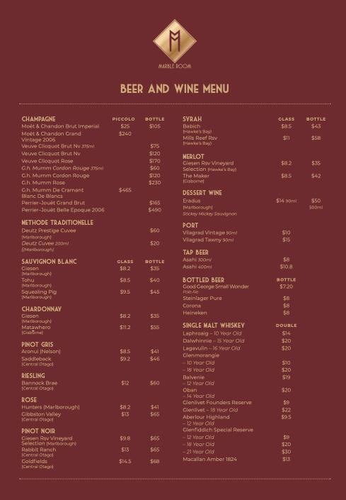Menu at Marble Room pub & bar, Hamilton