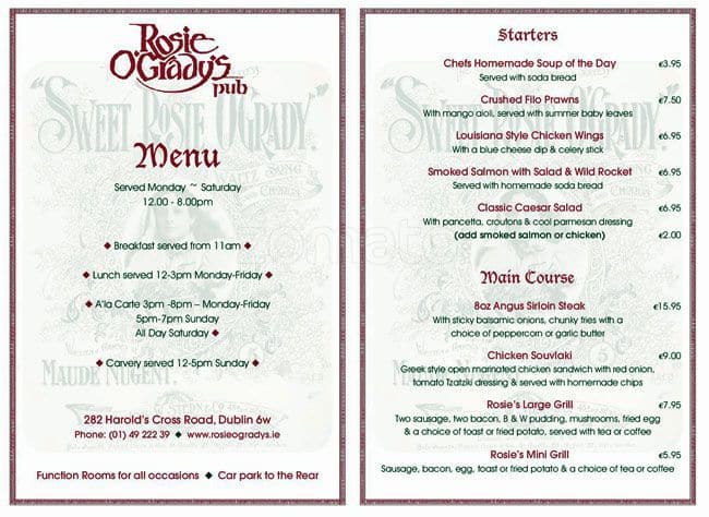 Menu at Rosie O'Grady's pub & bar, Dublin