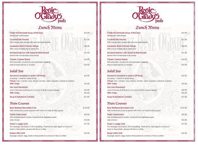 Menu at Rosie O'Grady's pub & bar, Dublin