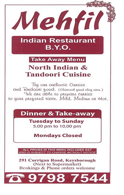 Menu at Mehfil Indian Restaurant, Noble Park