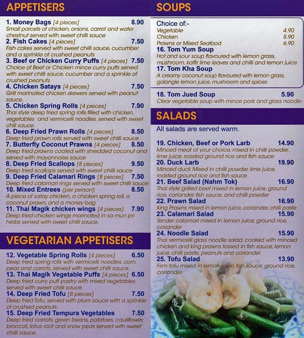 Menu at Thai Magik restaurant, Southport