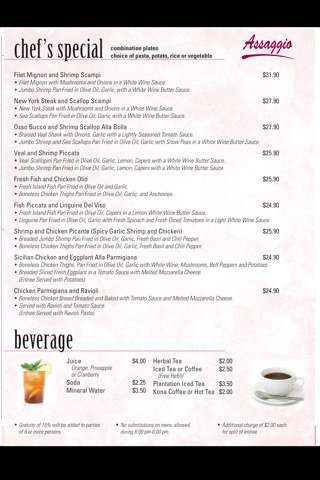 Menu at Assaggio restaurant, Honolulu, Ala Moana Blvd Suite 1259