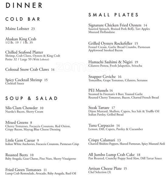 Menu at Silo restaurant, San Antonio, Austin Hwy