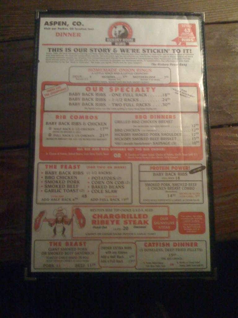Menu at Hickory House BBQ, Aspen