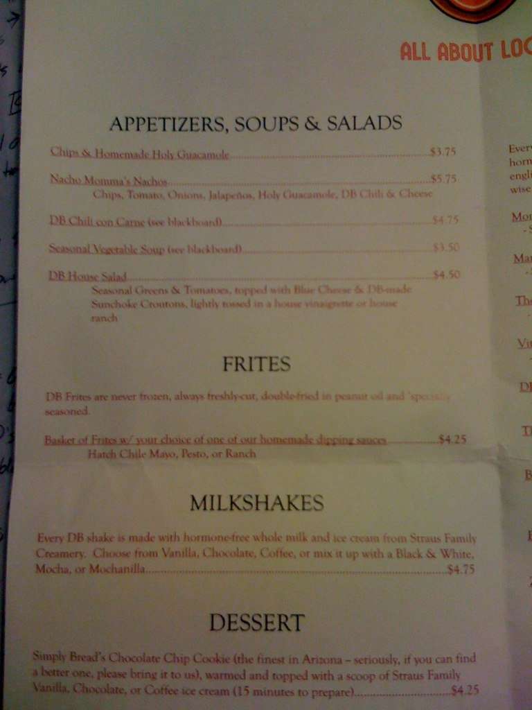 Menu at Diablo Burger restaurant, Flagstaff