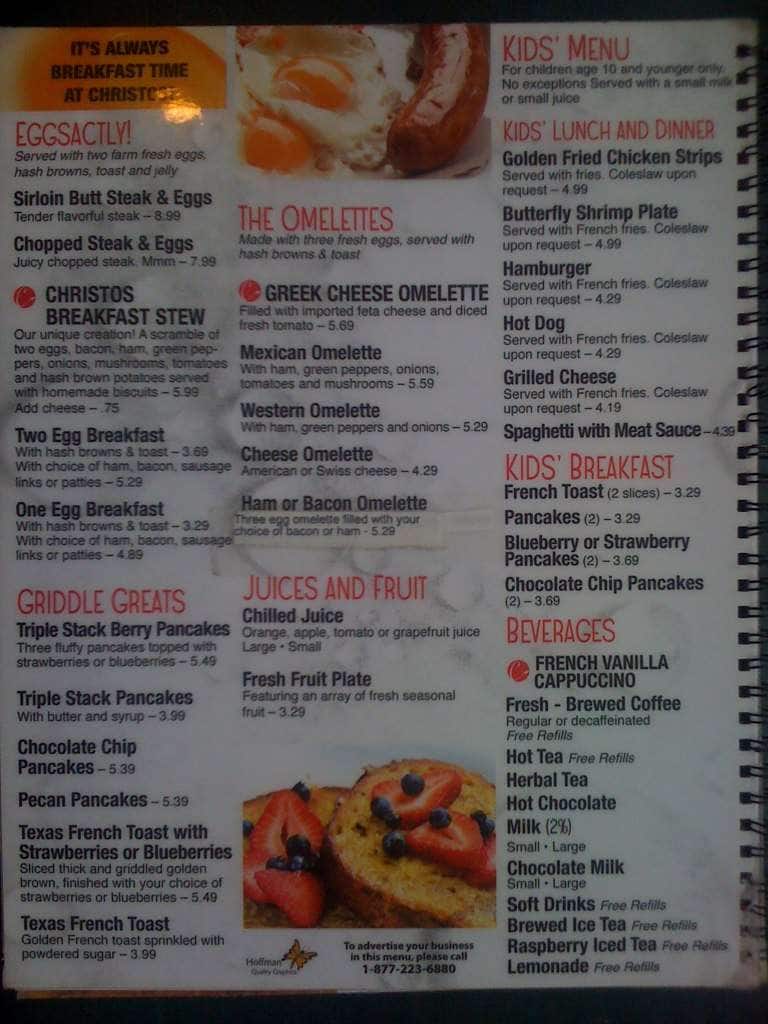 Menu at Christos Family Dining restaurant, Plymouth