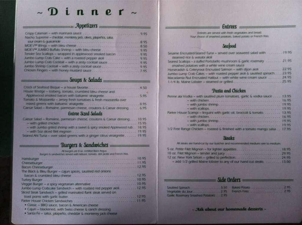 Menu at The Parker House pub & bar, Sea Girt, 290 1st Ave