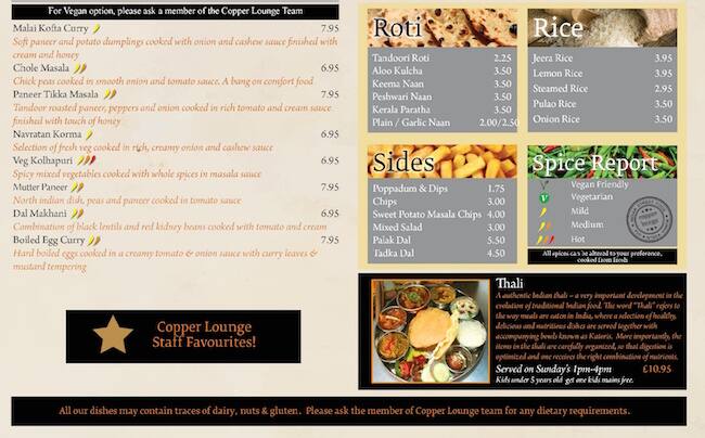 Menu at Copper Lounge restaurant, Stockport