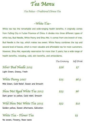 Menu at Tea Palace, Port Melbourne