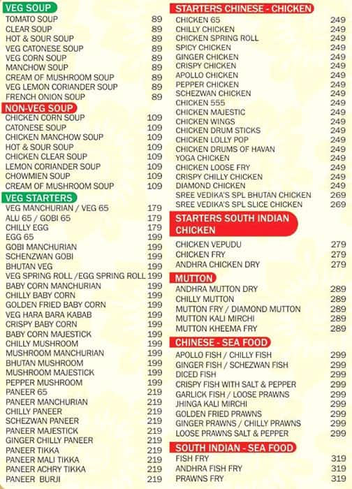 Menu of Sreevedika Multicuisine Restaurant, Padmarao Nagar, Secunderabad