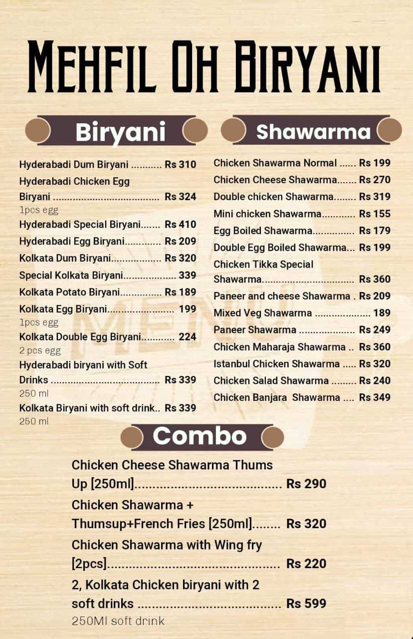 Menu of Mehfil Oh Biryani, Jeedimetla, Hyderabad